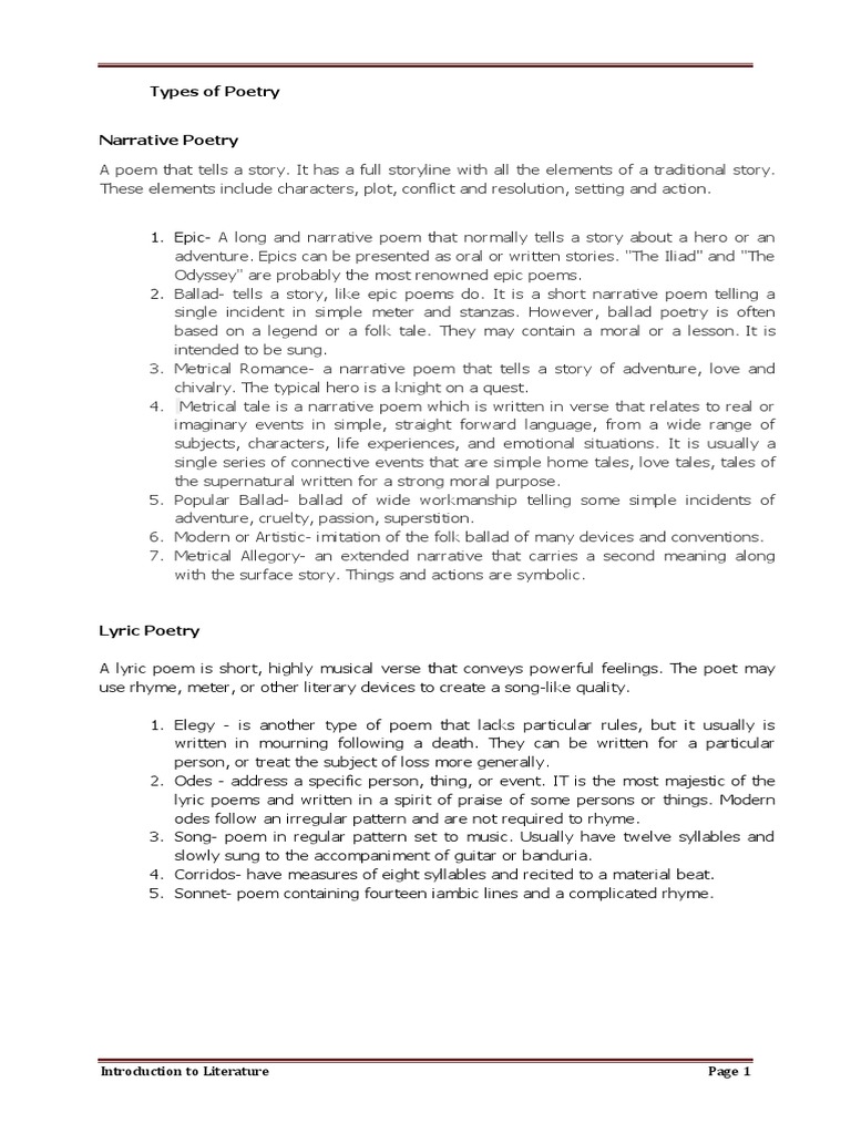 Types of Poetry: Introduction To Literature | PDF | Poetry | Epic Poetry