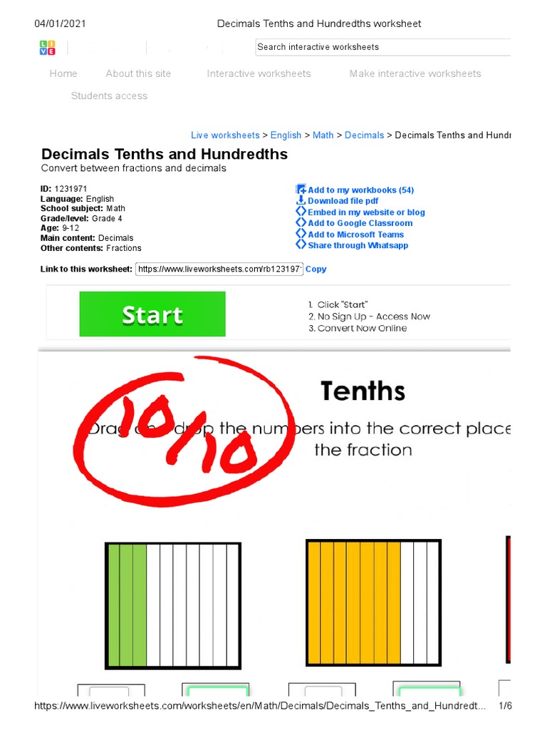 Decimals Tenths and Hundredths Worksheet | PDF