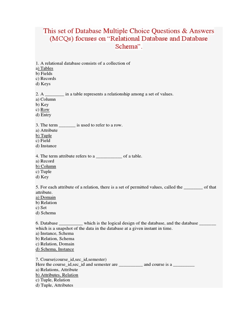 MCQ Adb PDF | PDF | Relational Database | Relational Model