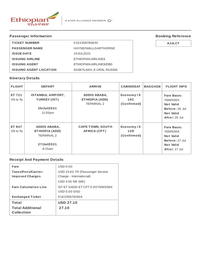 Electronic Ticket Ethopian | PDF | Transport | Aviation