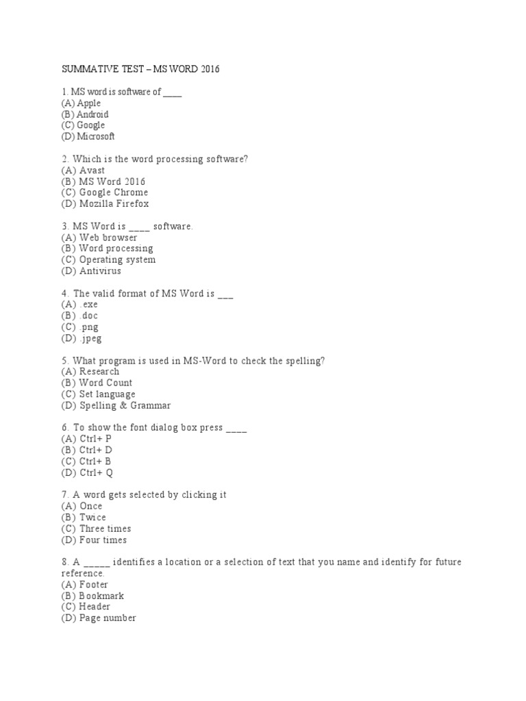 Assessing MS Word Knowledge: A Summative Test on Key Functions and ...