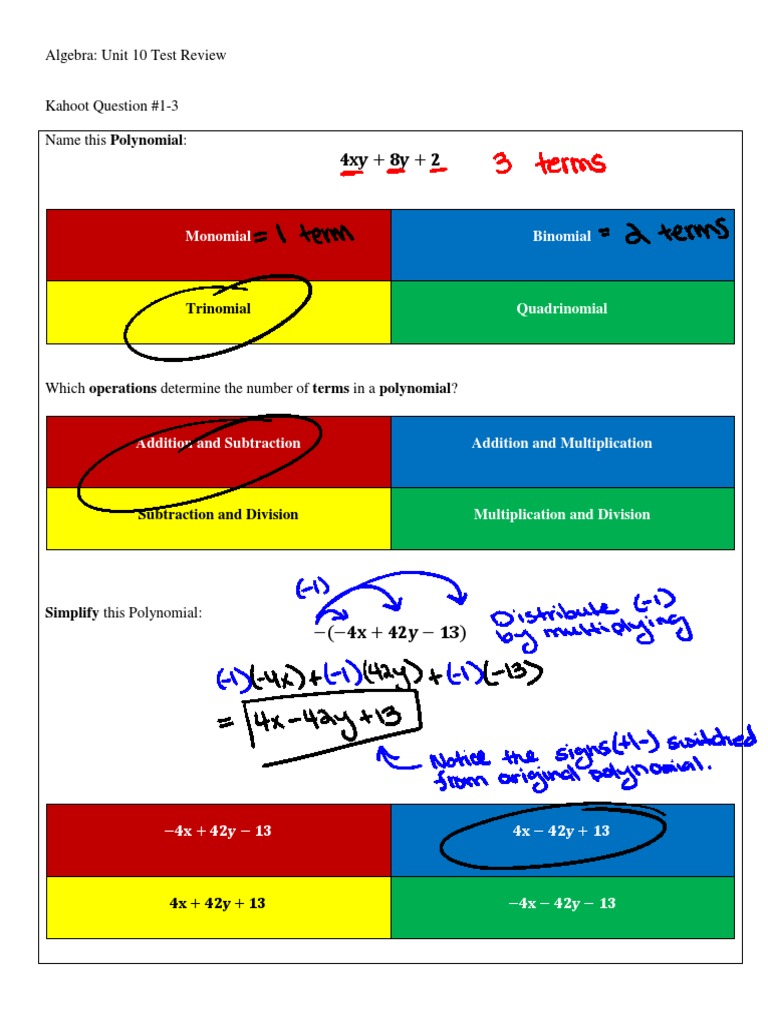 Algebra 1 Unit 10 Test Review Answers Teresita Campbell | PDF