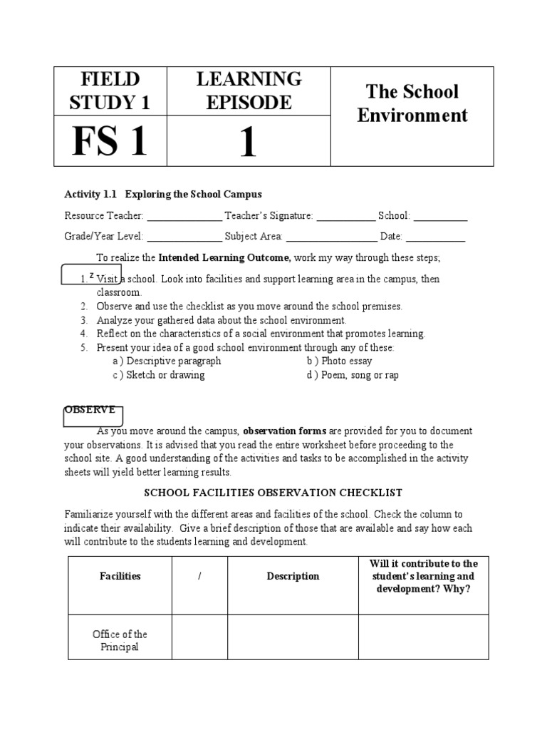 Field Study 1 Learning Episode The School Environment | PDF | Classroom ...