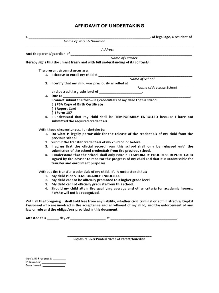 Affidavit of Undertaking: Name of Parent/Guardian | Download Free PDF ...