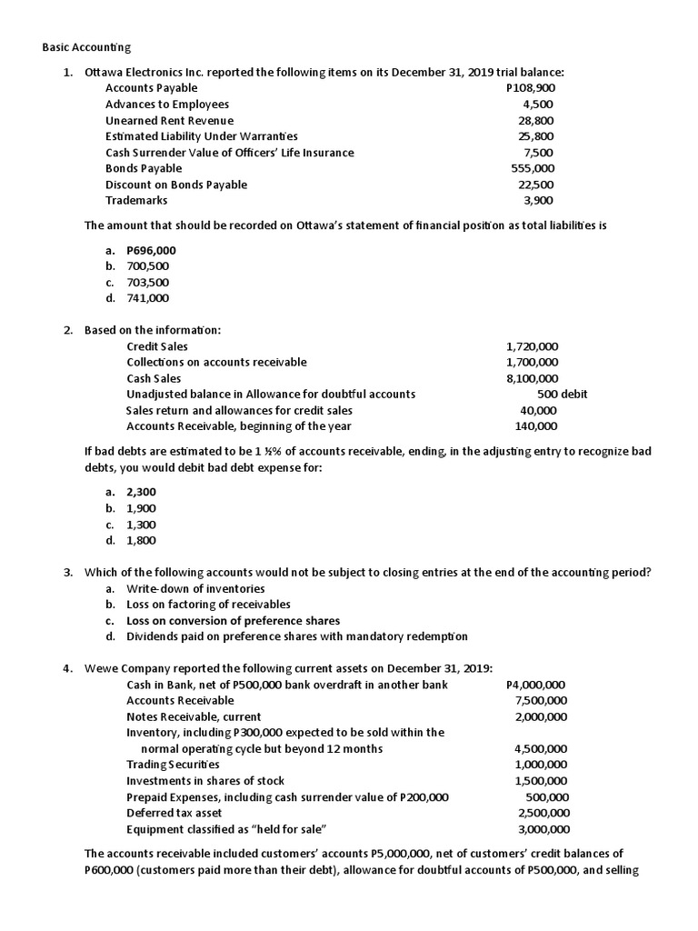 Basic Accounting Concepts and Problems | PDF | Dividend | Debits And ...