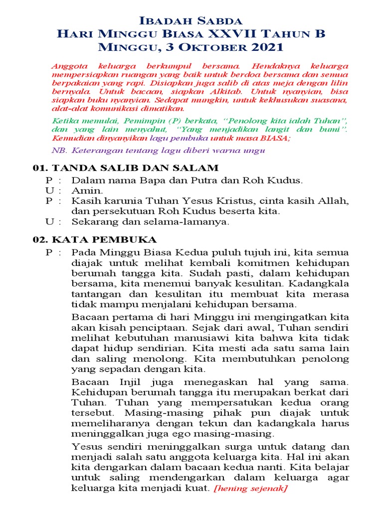 Ibadah Sabda Hari Minggu Biasa XXVII Tahun B | PDF | Seni & Disiplin Bahasa
