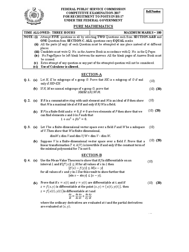 Pure Mathematics CSS Past Paper 2017 | PDF | Derivative | Vector Space