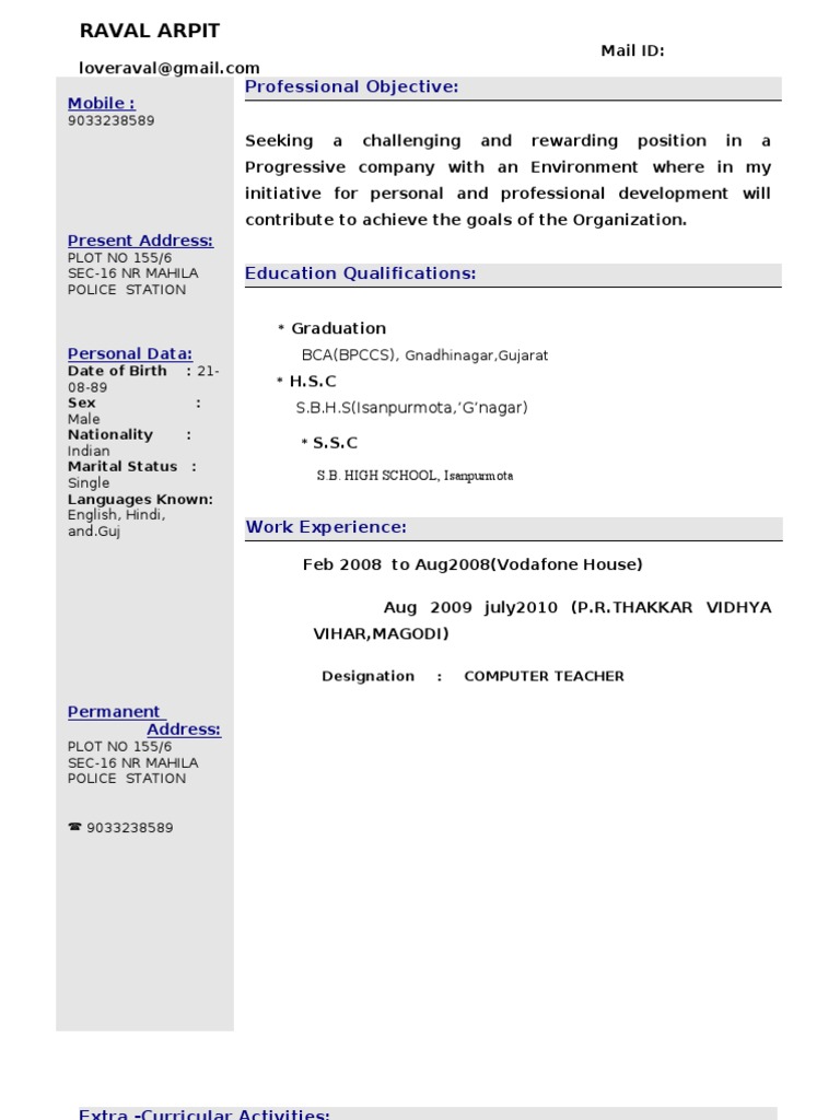 Resume of Raval Arpit: BCA Graduate | PDF