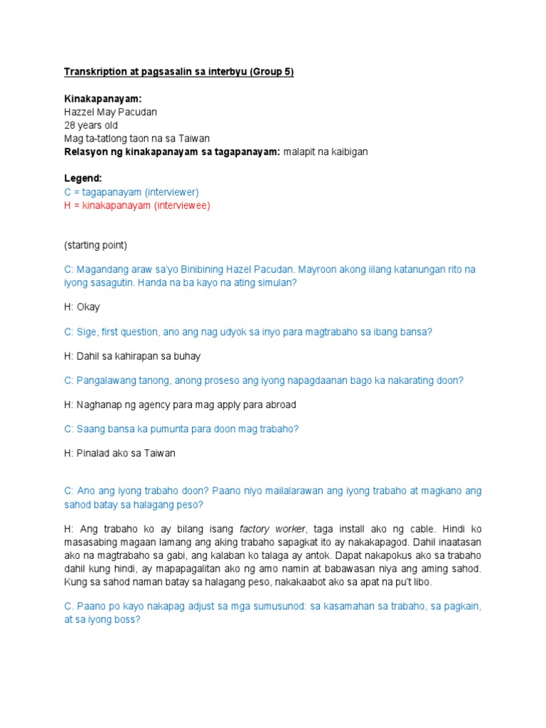 Transkription at Pagsasalin Sa Interbyu (Group 5) | PDF