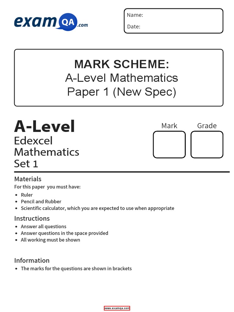 ExamQA Set 1 Maths A Level Paper 1 Mark Scheme | PDF | Mathematics ...