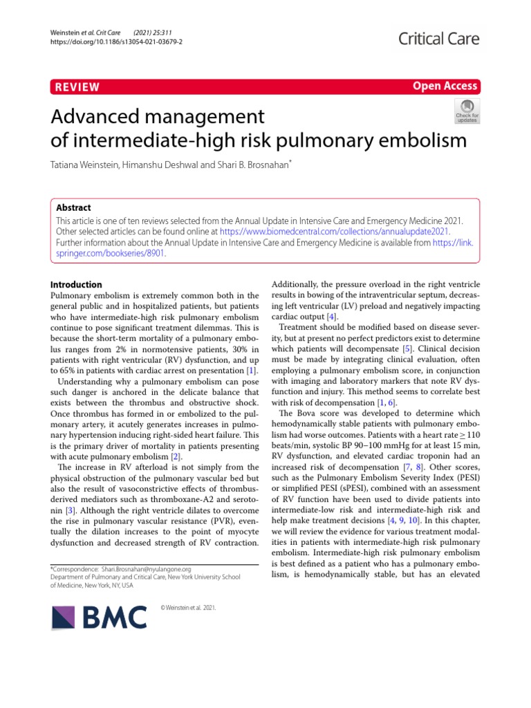Advanced Management of Intermediate High Risk Pulmonary Embolism | PDF ...