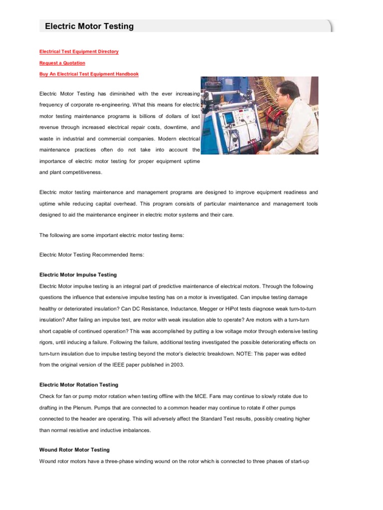 Electric Motor Testing Procedures | PDF | Electric Motor | Electrical ...