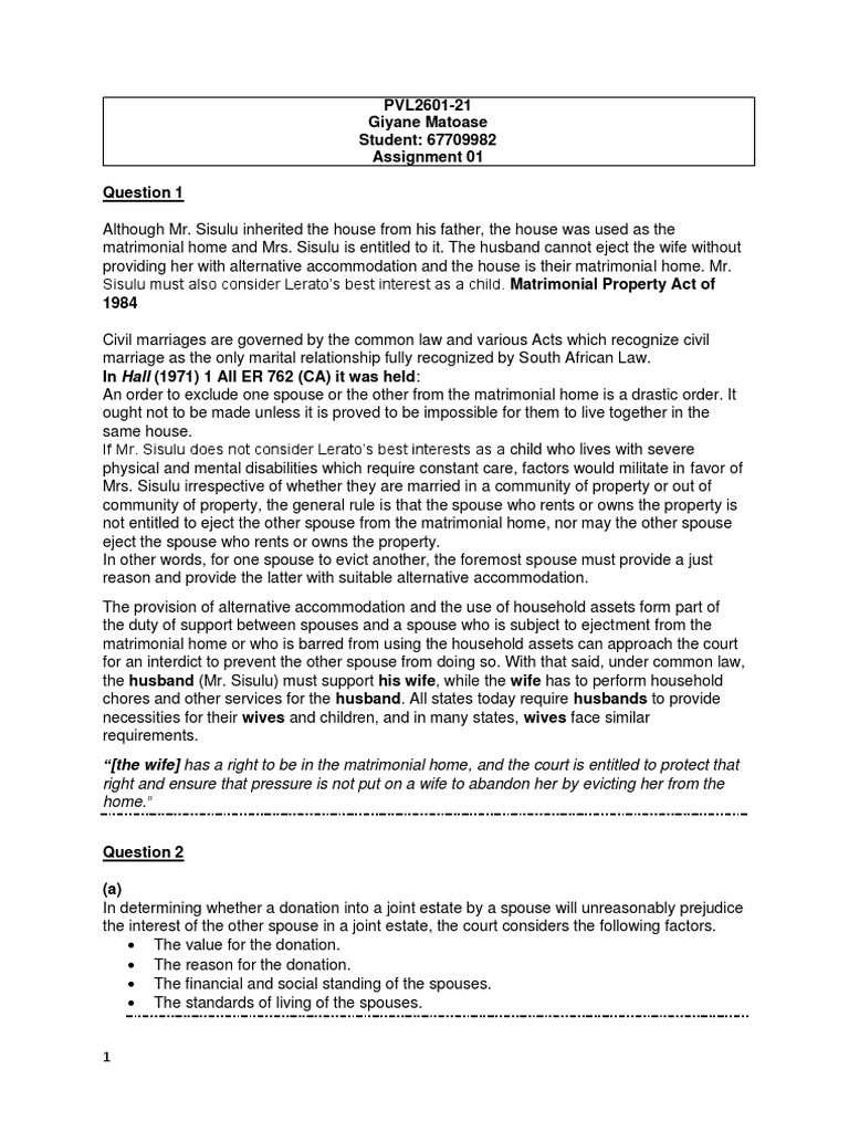 PVL2601 Assignment 1 Final | PDF | Marriage | Wife