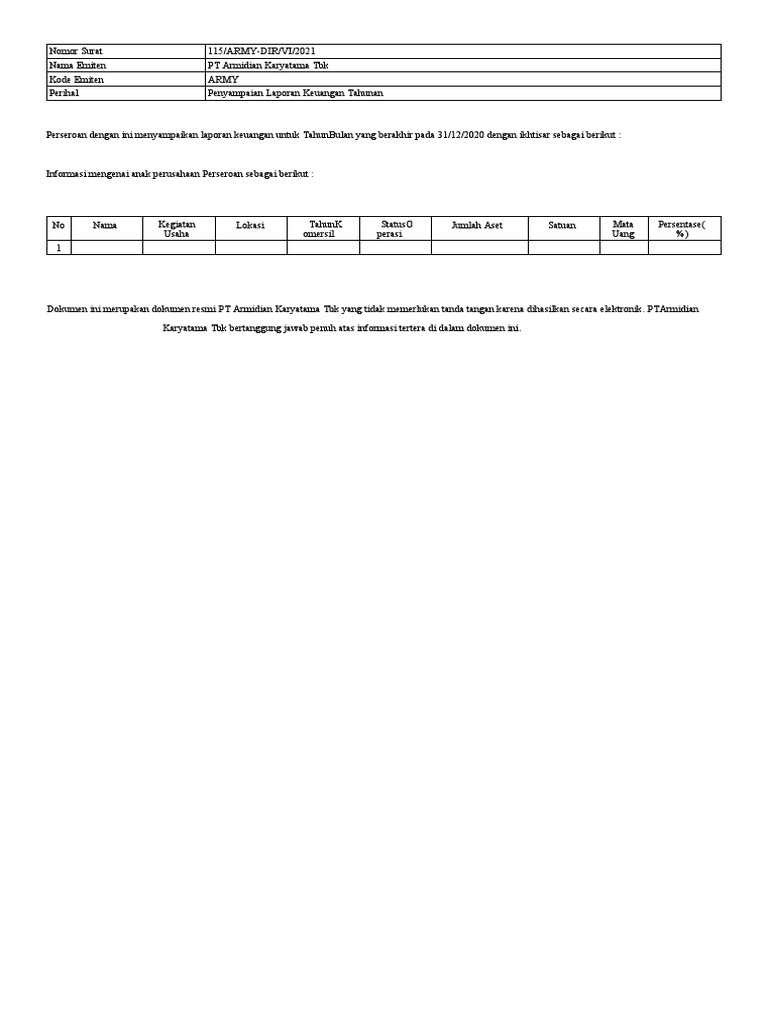 Laporan Keuangan PT Armidian 2020 | PDF
