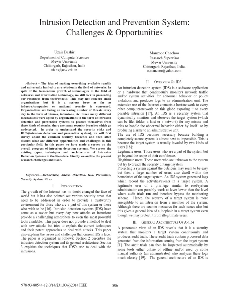 Intrusion Detection and Prevention System: Challenges & Opportunities ...