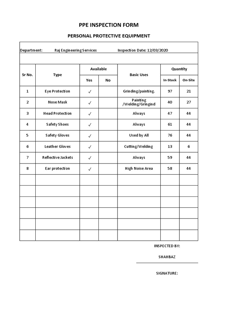 Ppe Inspection Form: Personal Protective Equipment | PDF | Personal Protective Equipment | Equipment
