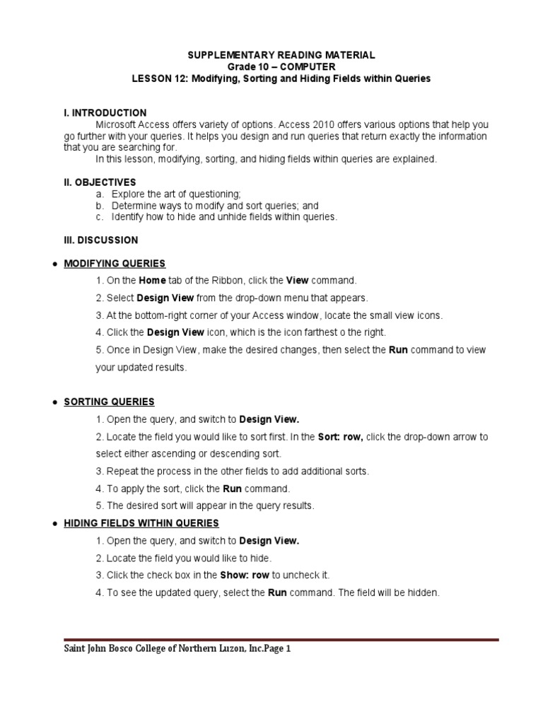 Modifying Queries in Access 2010 | PDF