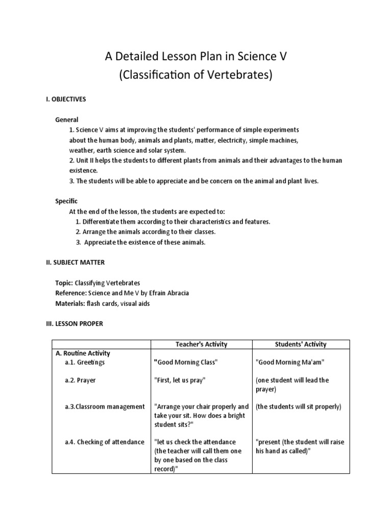 Classification of Vertebrates Lesson Plan | PDF | Vertebrates | Amphibian