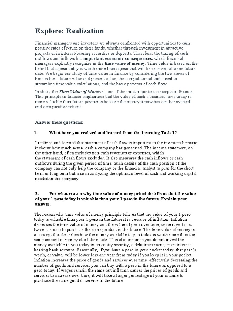 Explore: Realization: Answer These Questions | PDF | Time Value Of ...