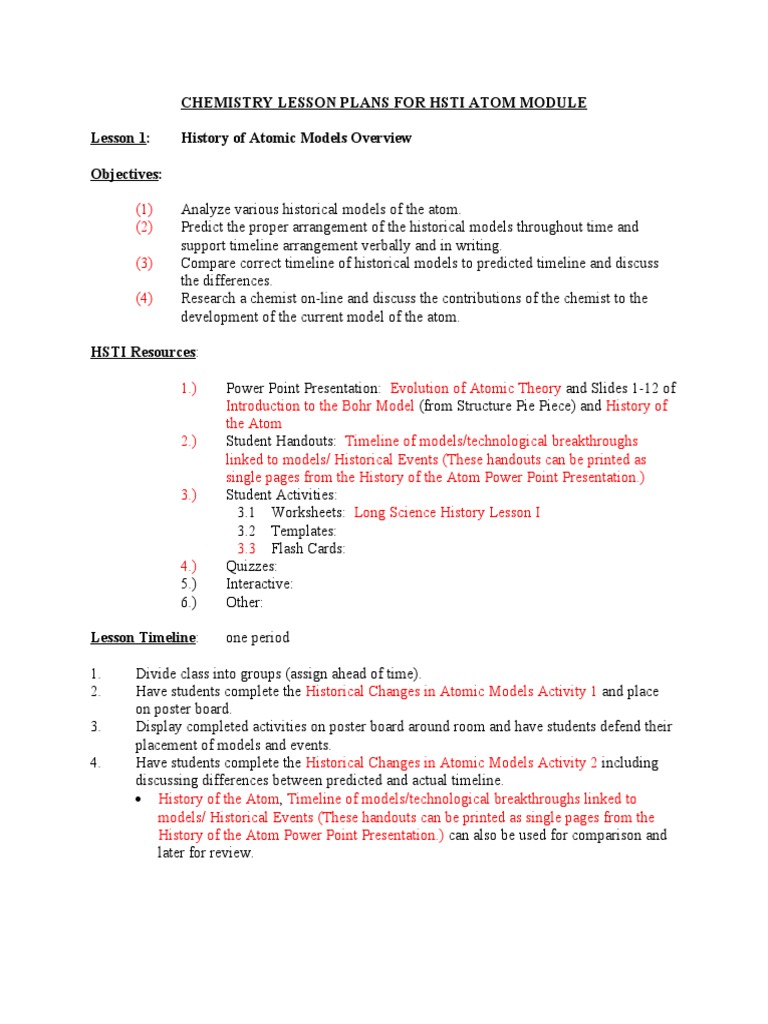 Chemistry Lesson Plans For Hsti Atom Module Lesson 1: History of Atomic ...