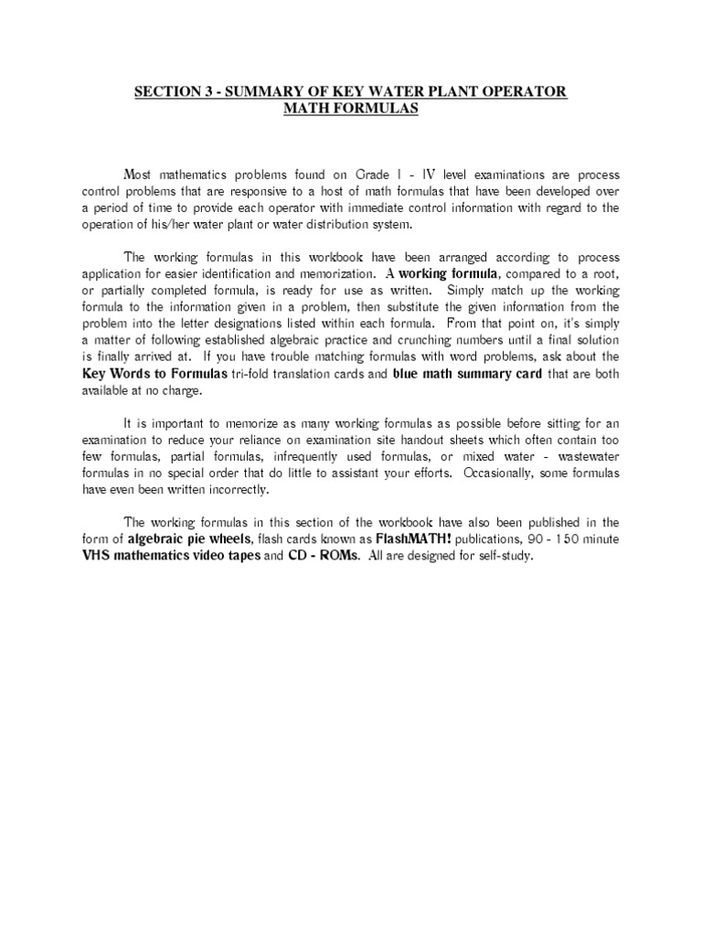 Section 3 - Summary of Key Water Plant Operator Math Formulas | PDF ...