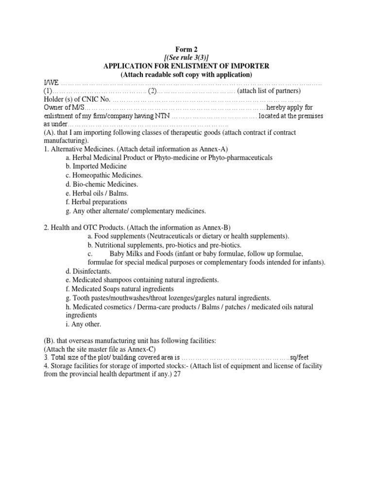 Form-2 (Enlistment of Importer) | PDF | Infant Formula | Dietary Supplements