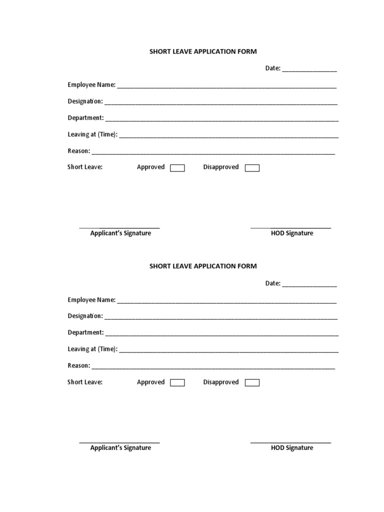 Short Leave Application Form: Applicant's Signature HOD Signature | PDF