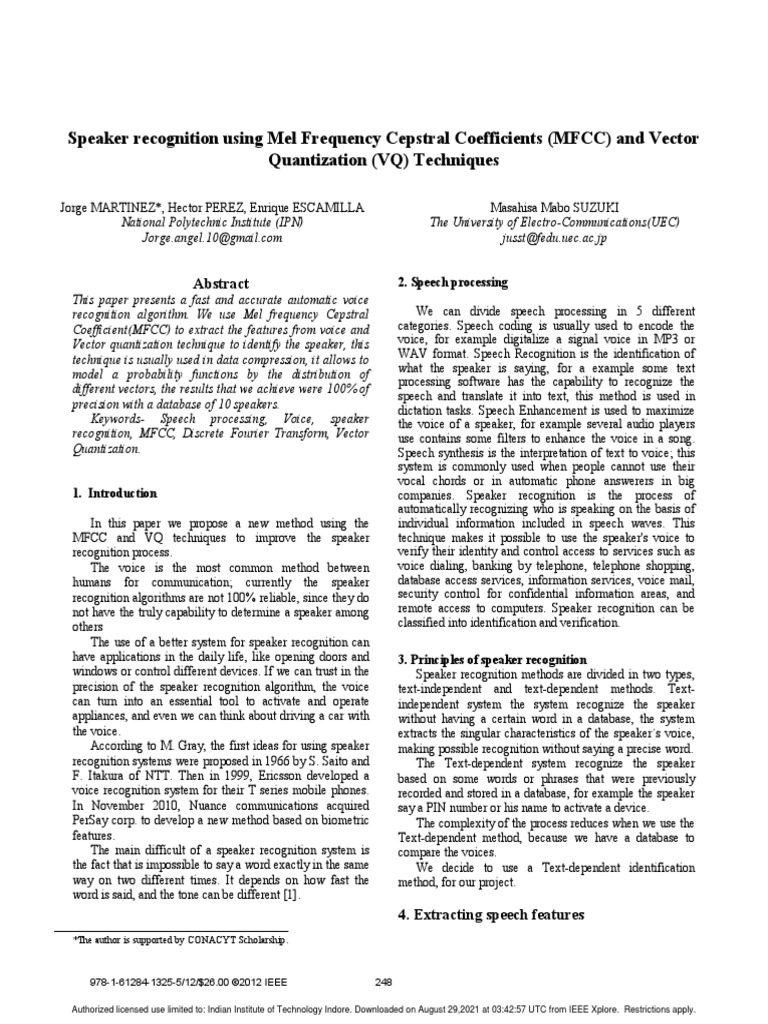 Speaker Recognition Using Mel Frequency Cepstral Coefficients Mfcc And Vector Pdf