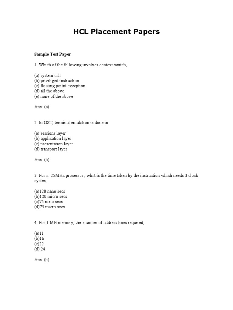 Hcl Placement Papers C Programming Language Dos 1884