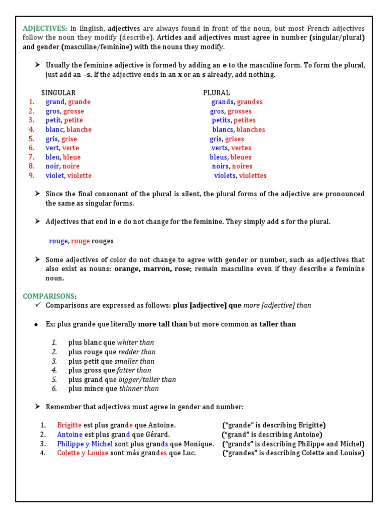 A Guide to French Adjectives: Formation, Placement, Comparisons and ...