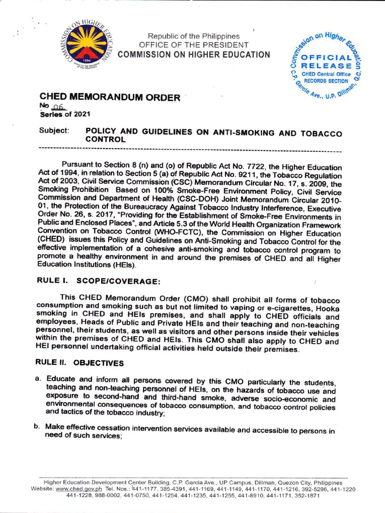 CMO No. 6 Series of 2021 - Policy and Guidelines On Anti Smoking and ...