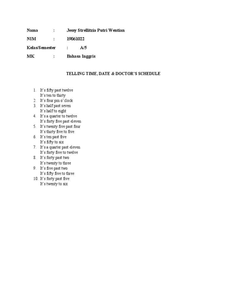Telling Time, Date & Doctor's Schedule | PDF