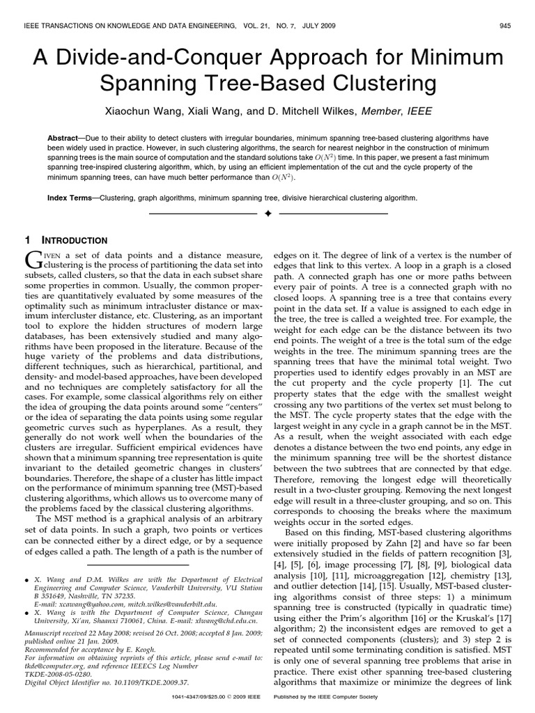 A Divide and Conquer Approach For MST Based Clustering | PDF | Cluster Analysis | Time Complexity