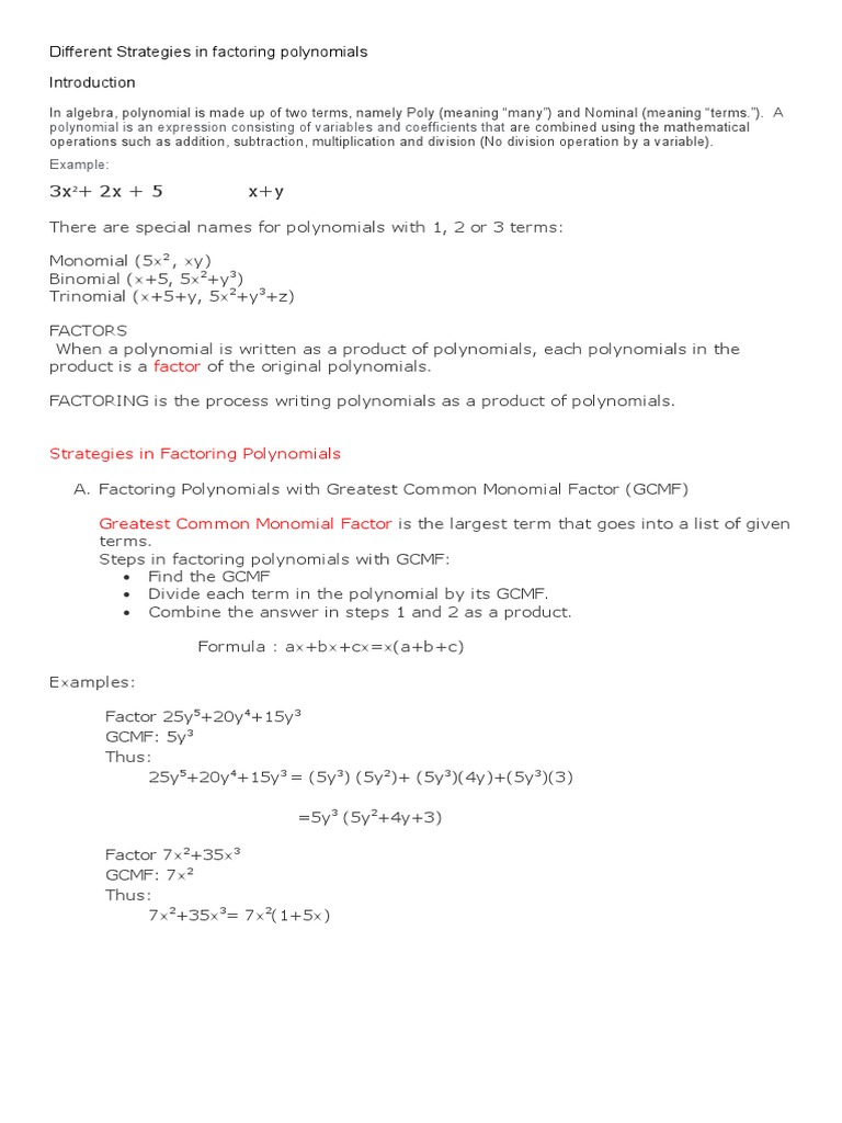 Different Strategies in Factoring Polynomials | PDF | Factorization ...