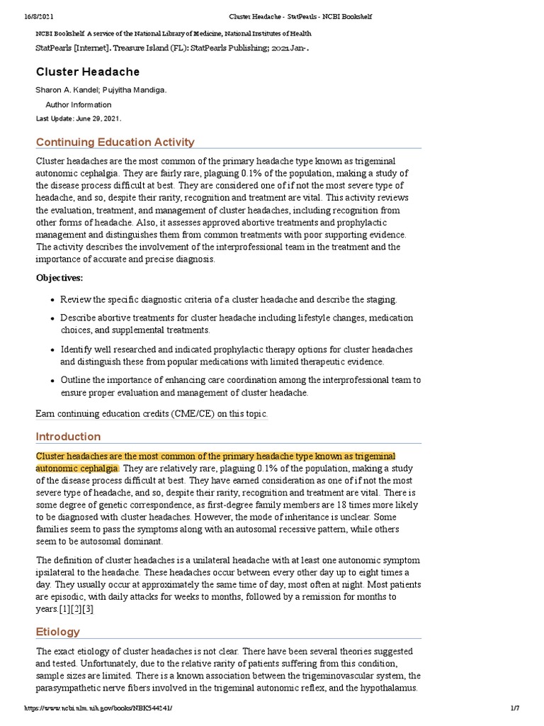 Cluster Headache - StatPearls - NCBI Bookshelf | PDF | Headache | Migraine