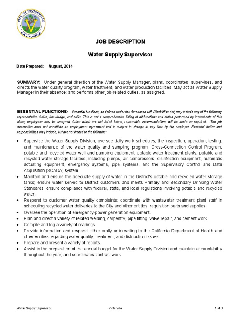 Job Description Water Supply Supervisor | PDF | Reclaimed Water | Water ...