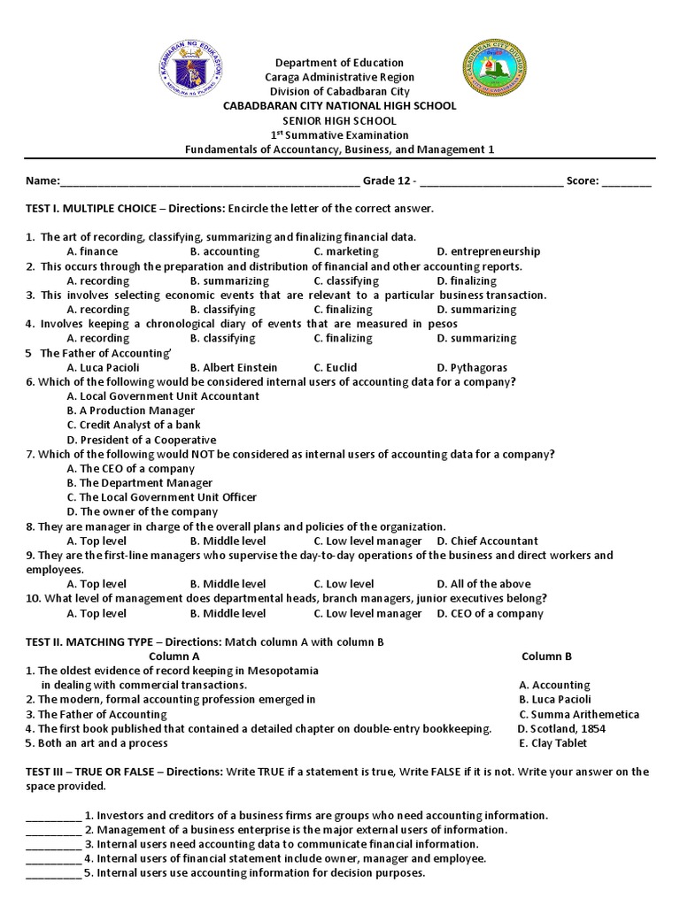 FABM 1 Summative Exam Module 1 and 2 | PDF | Accounting | Economies
