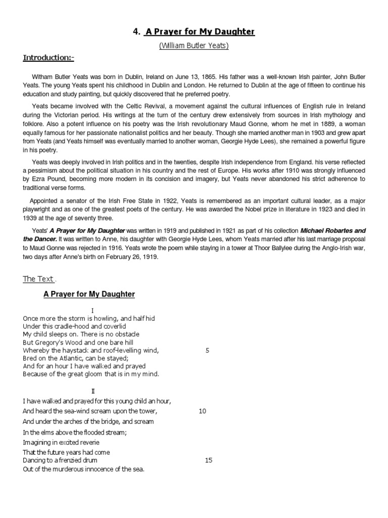 A Prayer For My Daughter Full | PDF | W. B. Yeats