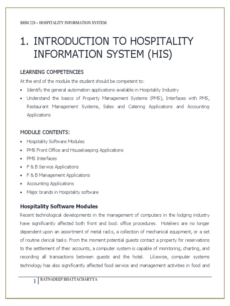 Introduction To Hospitality Information System (His) : Learning ...