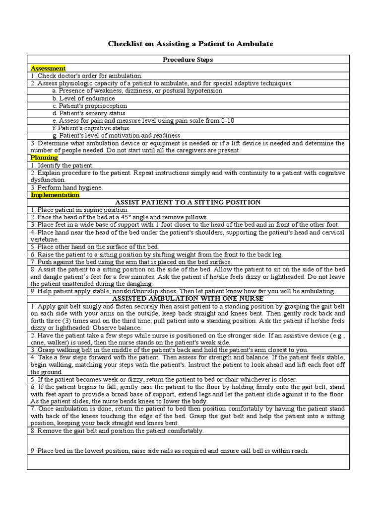 Patient Ambulation Assistance Checklist | PDF | Walking