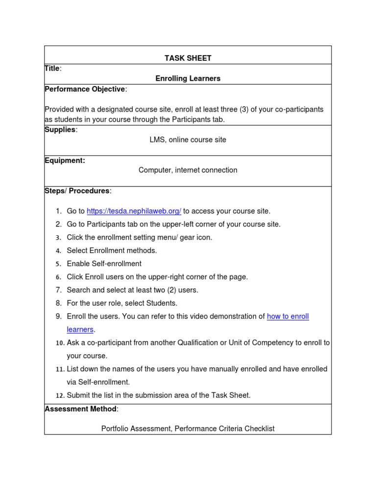 2 - TASK SHEET - Enrolling Learners | PDF