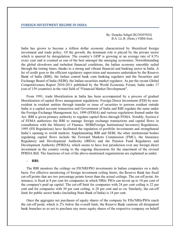 Foreign Investment Regime in India | PDF | Reserve Bank Of India ...