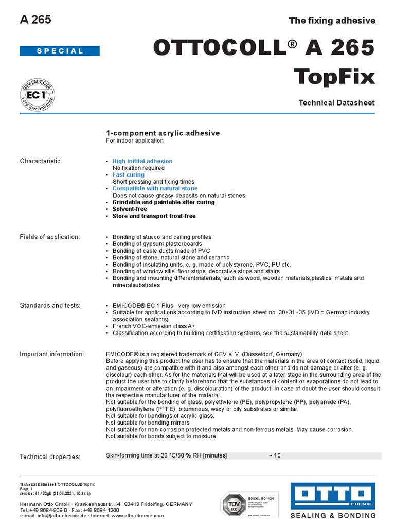 Ottocoll® A 265 Topfix: Technical Datasheet | PDF | Adhesive | Polyethylene