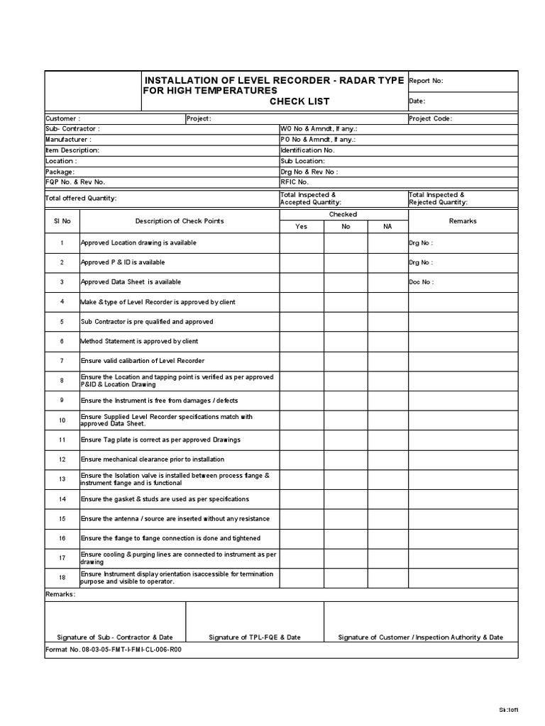 Radar Level Recorder Checklist | PDF | Specification (Technical Standard)
