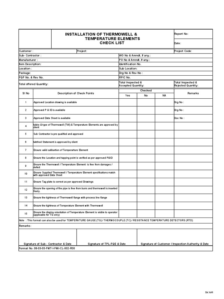 Installation of Thermowell & Temperature Elements Check List | PDF ...