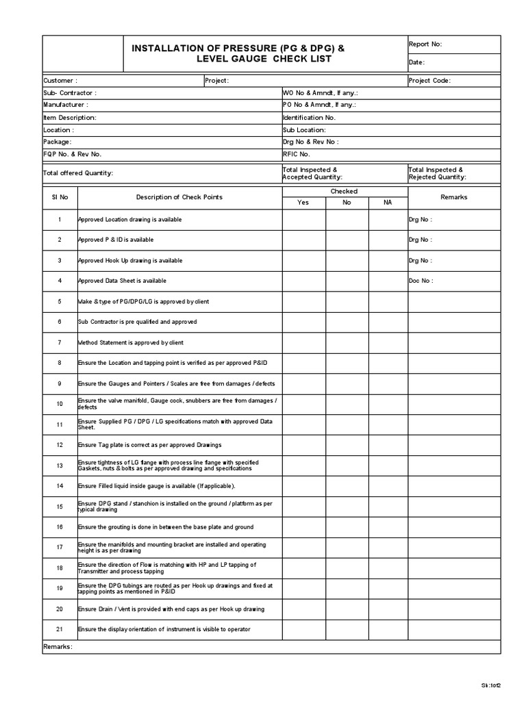 Installation of Pressure (PG & DPG) & Level Gauge Check List | PDF ...