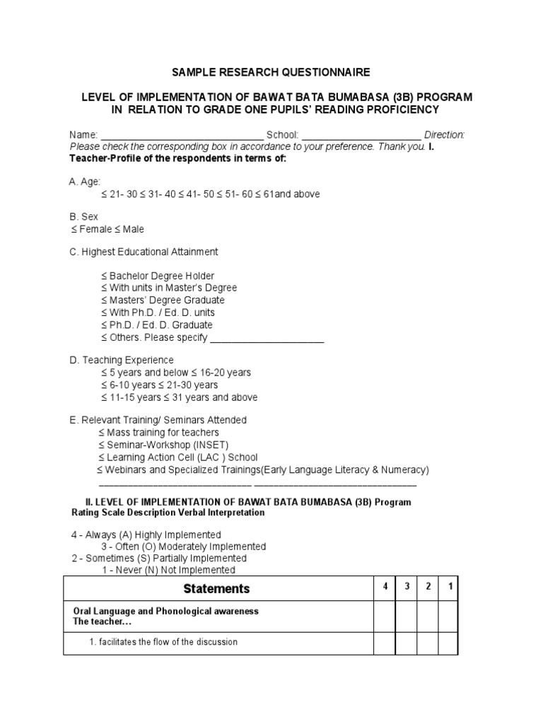 Sample Research Questionnaire Naome | PDF | Reading Comprehension | Fluency