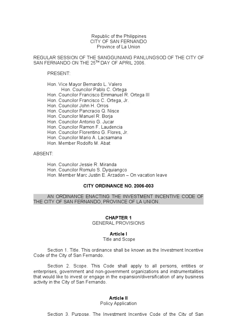 San Fernando Investment Incentive Code | PDF | Board Of Directors ...