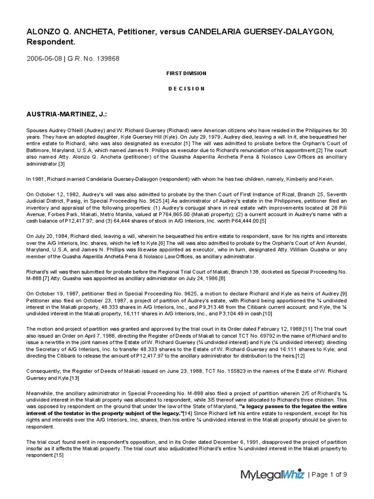 Alonzo Q Ancheta Vs Candelaria Guersey-Dalaygon | PDF | Will And ...