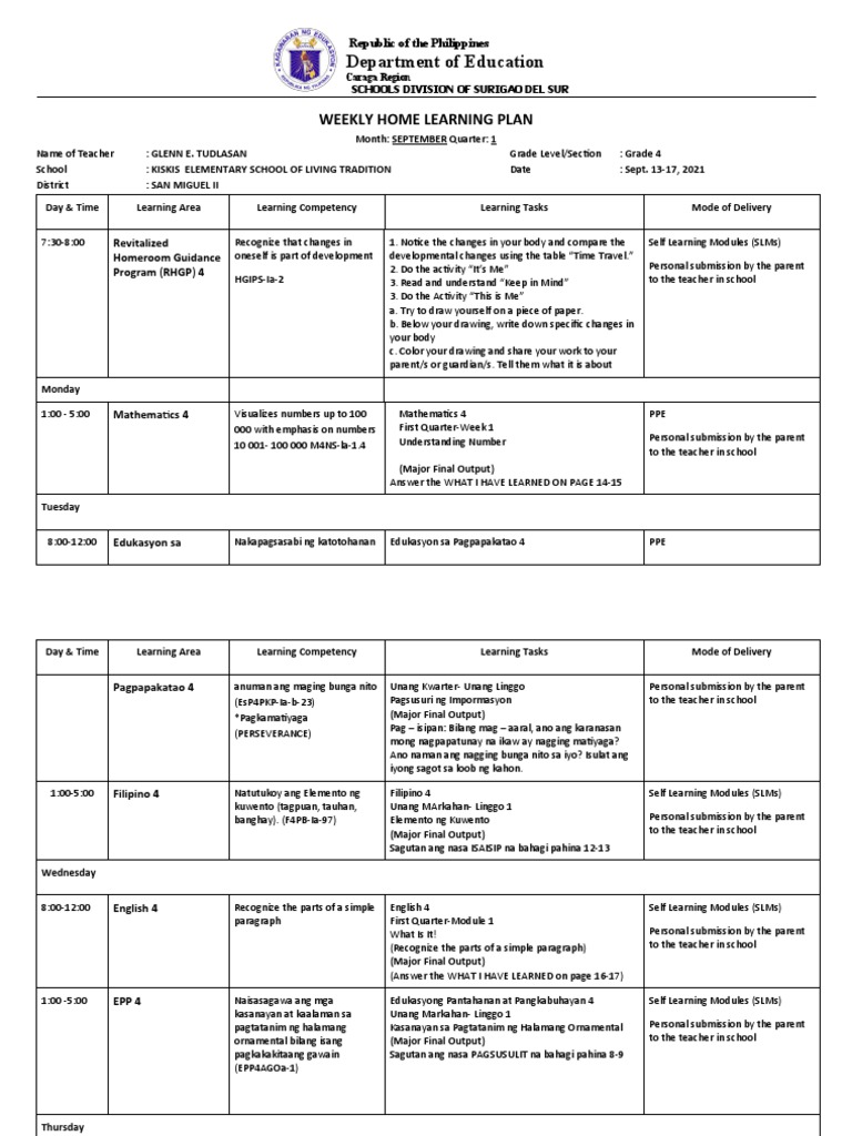 Department of Education: Weekly Home Learning Plan | PDF | Behavior Modification | Learning